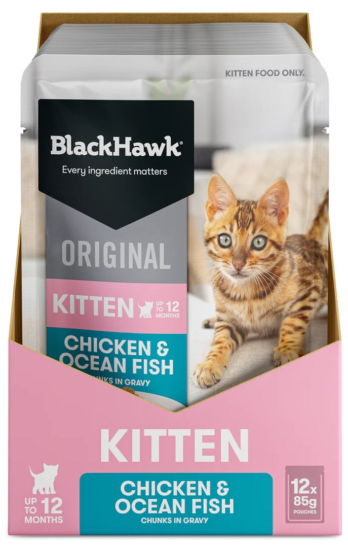 BLACK HAWK CAT WET ORIGINAL KITTEN CHICKEN & OCEAN FISH IN GRAVY 85G x ...