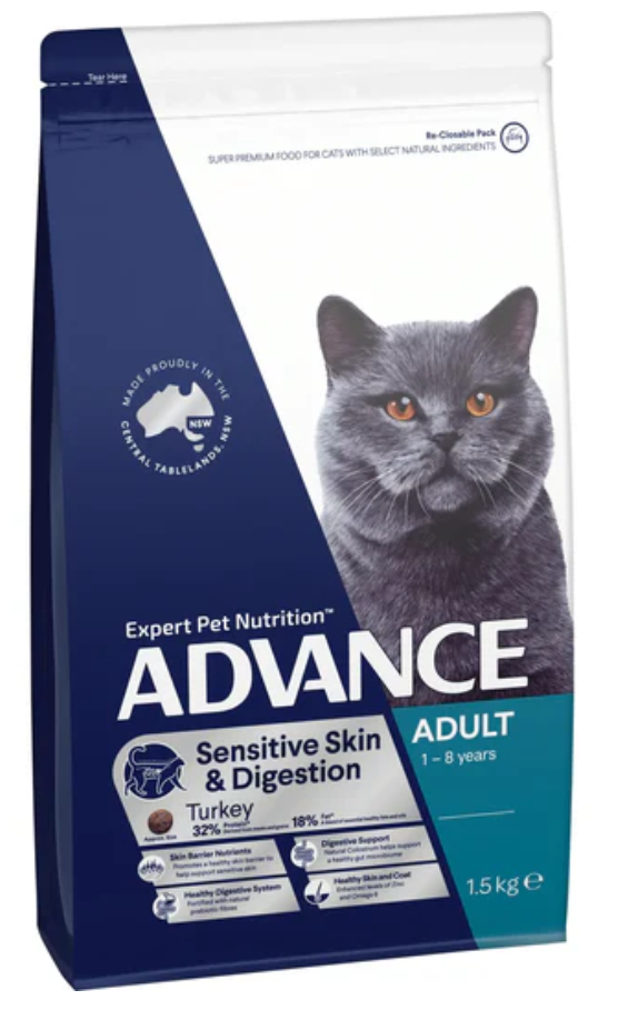 ADVANCE CAT DRY ADULT SENSITIVE SKIN & DIGESTION TURKEY 1.5KG – Head to ...